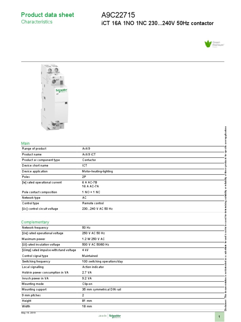 Product Data Sheet: iCT 16A 1NO 1NC 230... 240V 50Hz Contactor | PDF ...