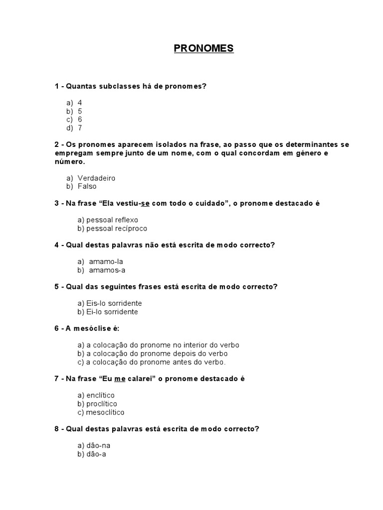 Pronomes - Escolha Múltipla | PDF | Pronome | Unidades semânticas