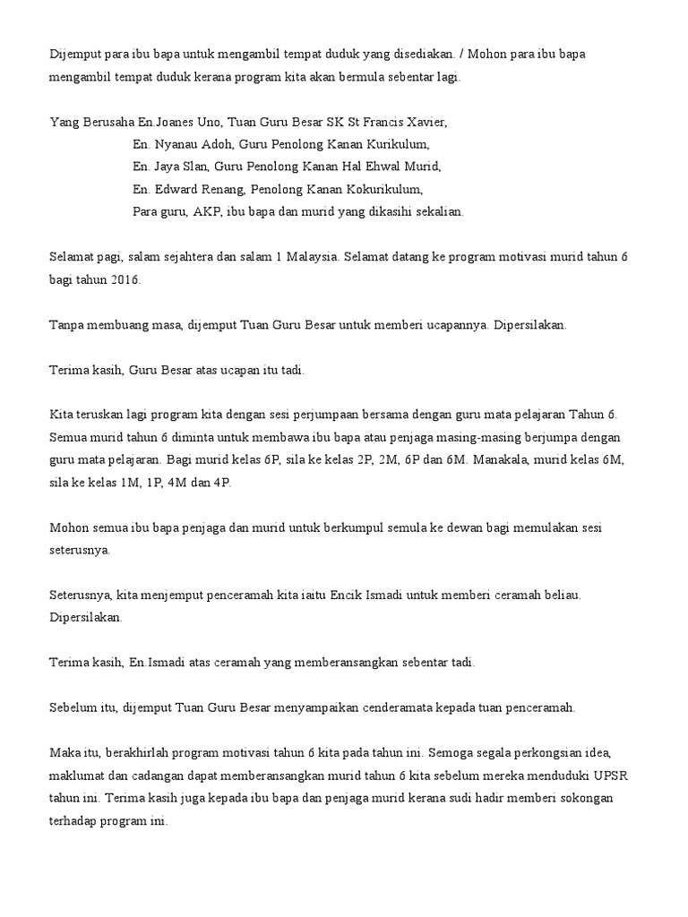 Teks Ucapan Program Motivasi Tahun 6 | PDF