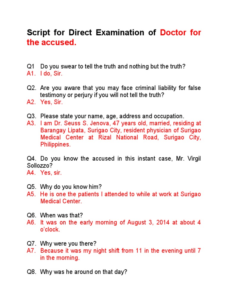 Script For Direct Examination Of: Doctor For The Accused | PDF | Health ...