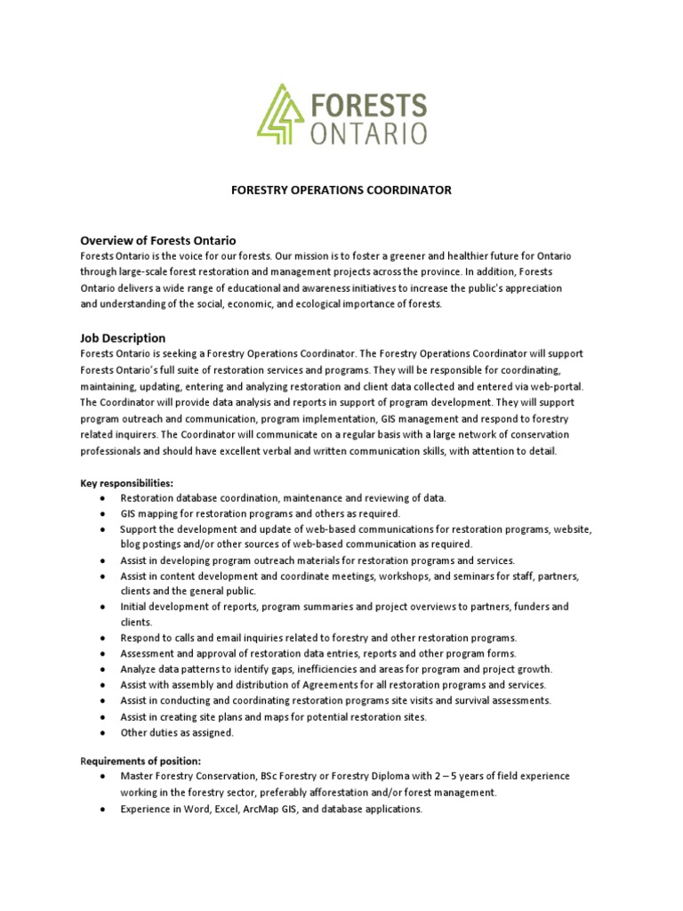 Coordinating Forest Restoration Programs: Job Description for a ...