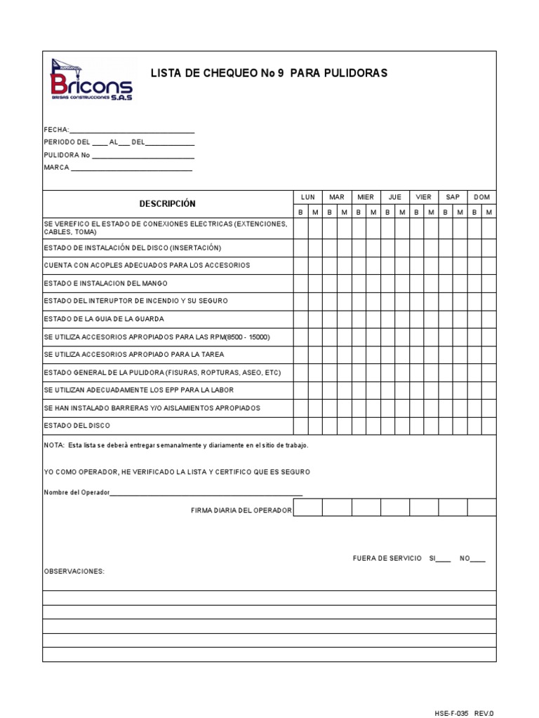 Lista de Chequeo para Pulidoras 9 | PDF