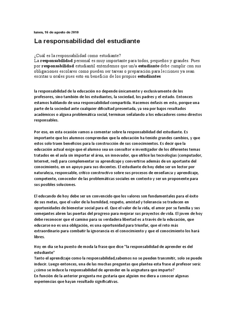 Mi Responsabilidad Como Estudiante | PDF | Maestros | Conocimiento