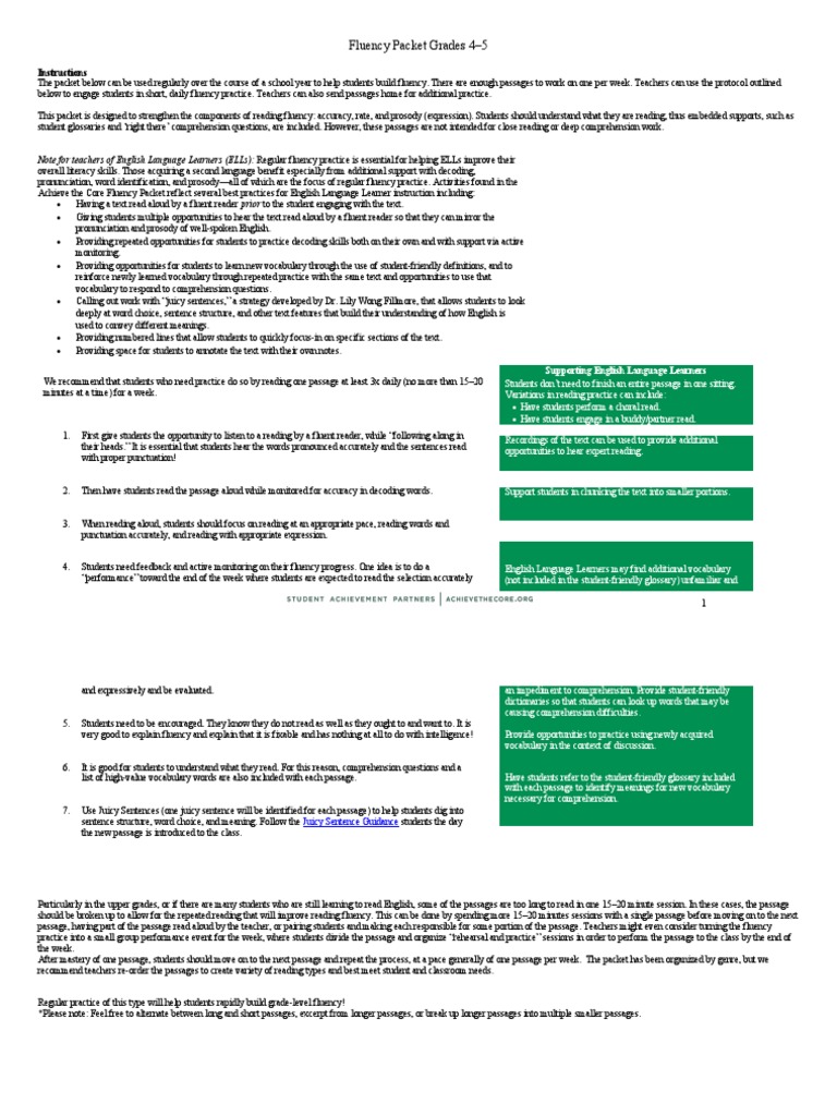 Fluency Packet 4-5 | PDF | Fluency | Reading Comprehension