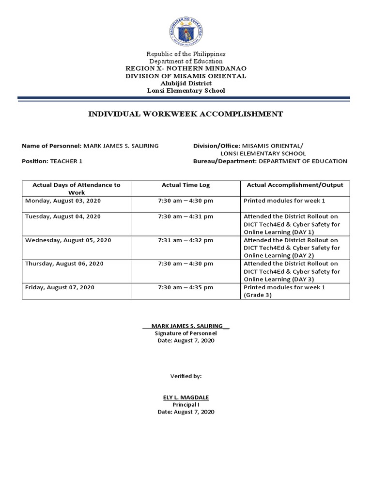 Individual Workweek Accomplishment: Mark James S. Saliring | PDF ...