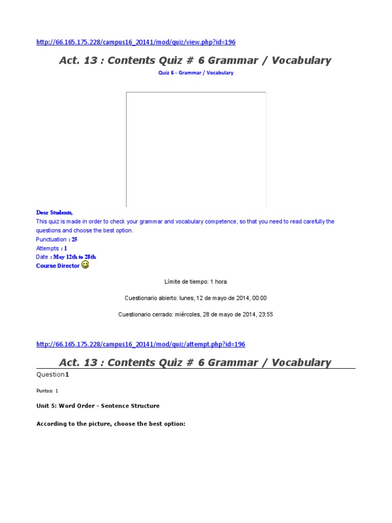 Act 13 Contents Quiz 6 Grammar Vocabulary | PDF | Grammar | Syntactic ...
