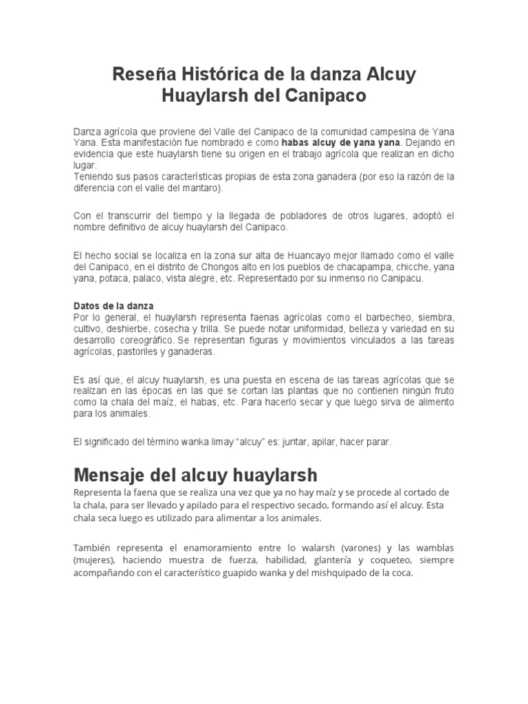 Reseña Histórica De La Danza Alcuy Huaylarsh Del Canipaco Pdf