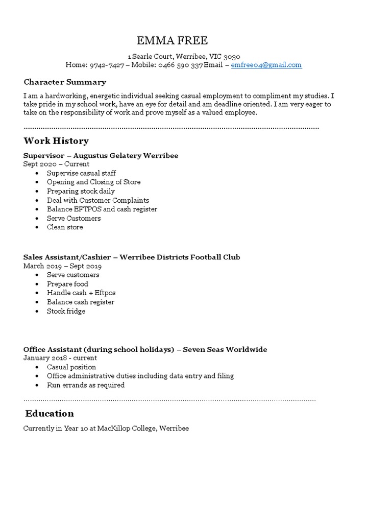 Emma Free Resume Sept 2020 Right One | PDF | Business