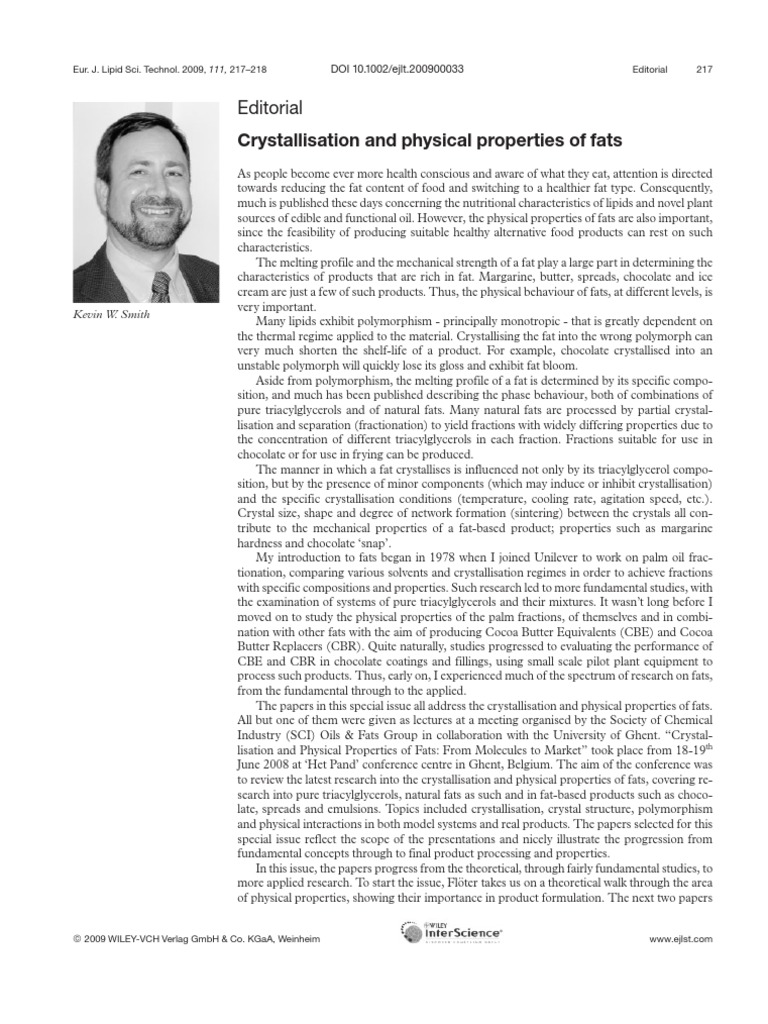 Crystallisation and Physical Properties of Fats: Editorial | PDF ...