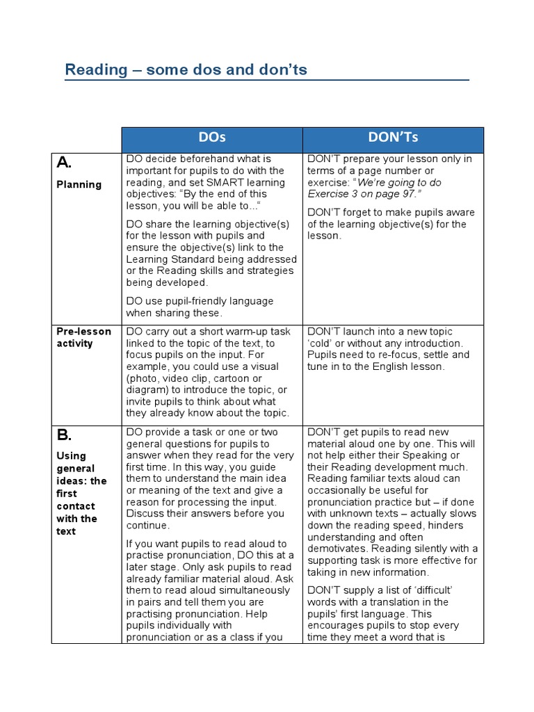 Reading Dos and Don'ts for Educators | PDF | Vocabulary | Attention