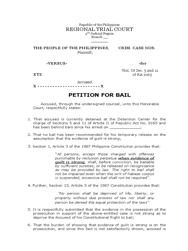 Petition for Bail Under RA 9165 | PDF | Bail | Prosecutor