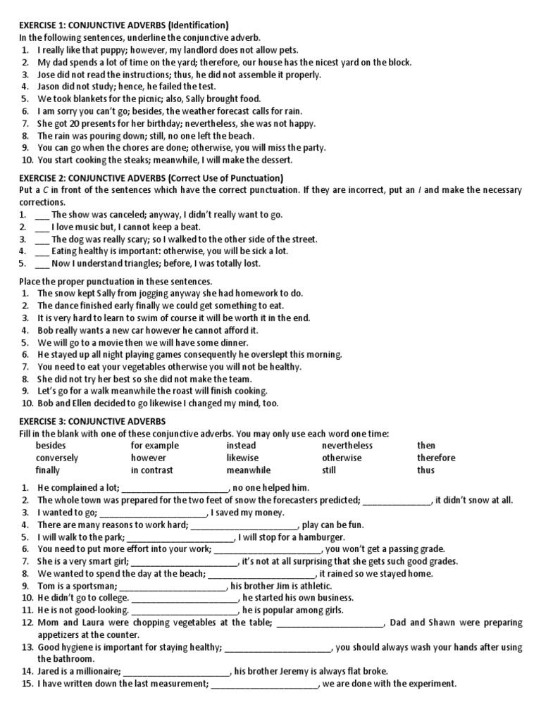 Conjunctive Adverbs Exercises | PDF | Foods