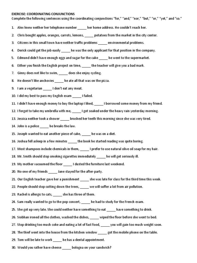 Coordinating Conjunctions (Exercise) | PDF | Cooking | Cuisine