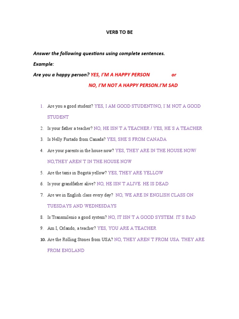 Verb to Be: Answer Key Guide | PDF | Language Arts & Discipline