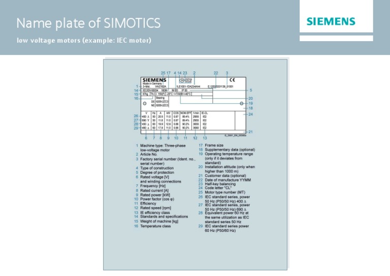 Name Plate of SIMOTICS: Low Voltage Motors (Example: IEC Motor) | PDF
