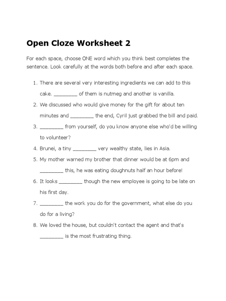 Open Cloze Worksheet C1 | PDF