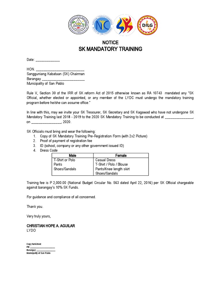 SK MANDATORY TRAINING (Letter) | PDF