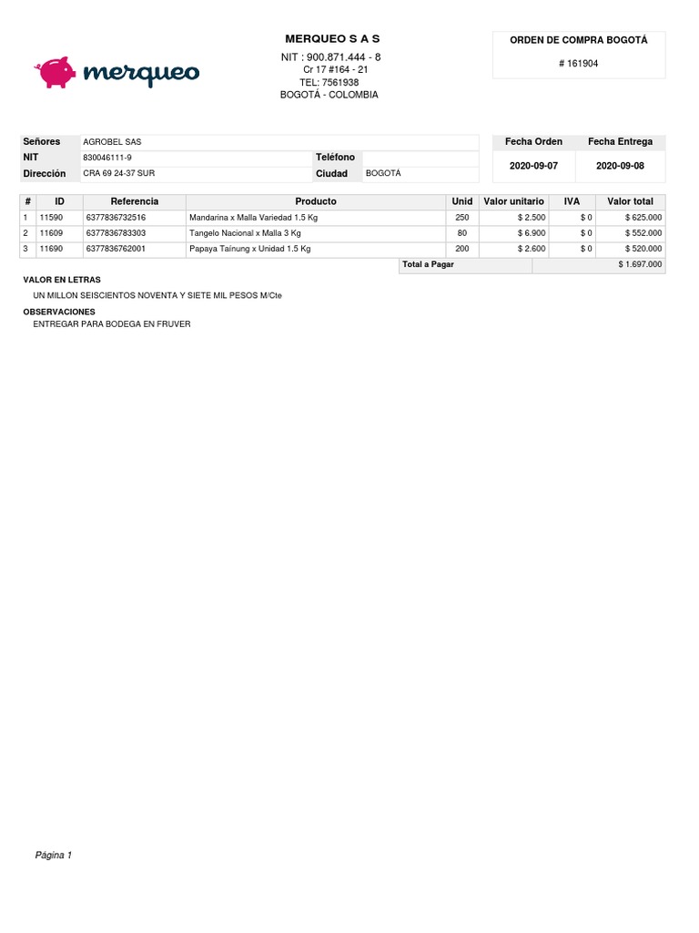 Orden de Compra Merqueo Bogotá | PDF