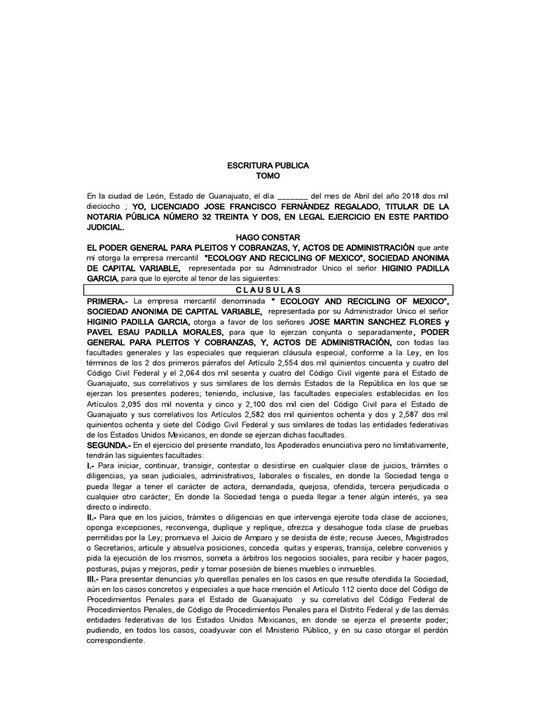 Acta de poder general para pleitos y cobranzas y actos de ...