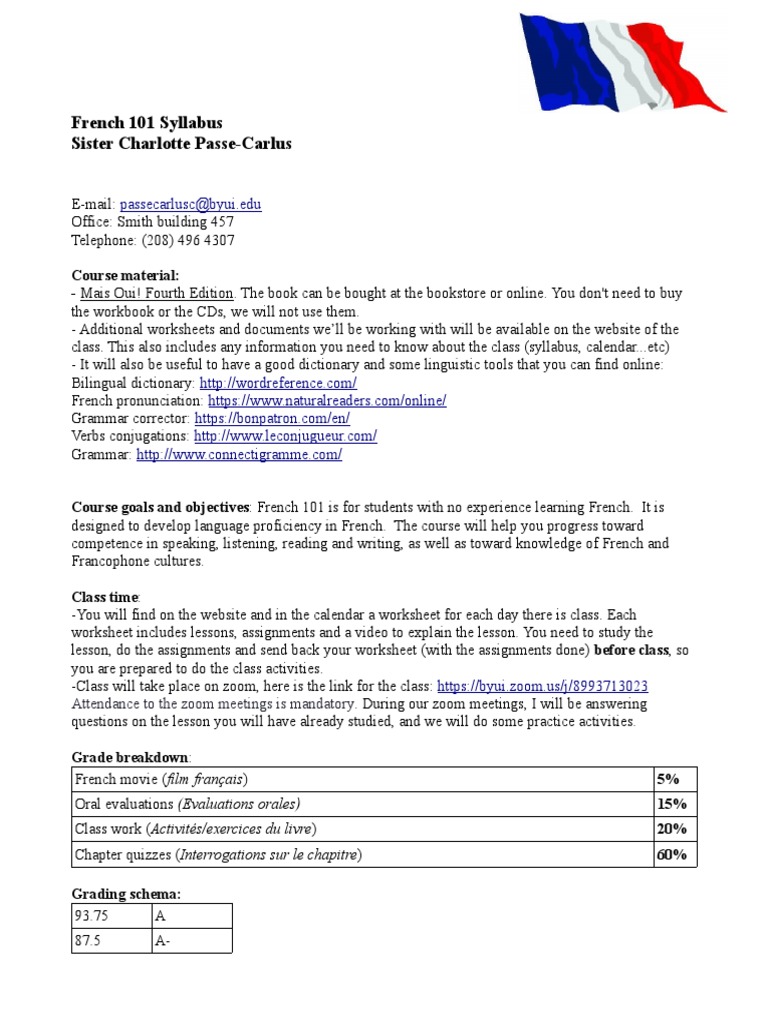French 101 Course Syllabus | PDF | Worksheet | French Language