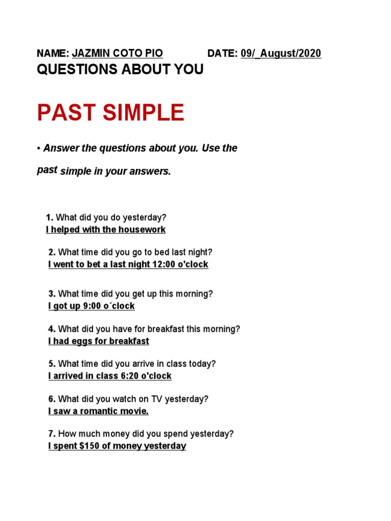 Past Simple Questions and Answers | PDF | Language Arts & Discipline ...