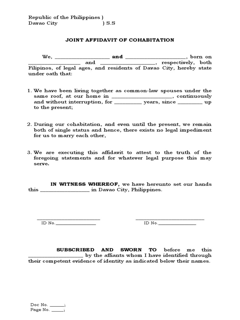 Joint Affidavit of Cohabitation Sample | PDF