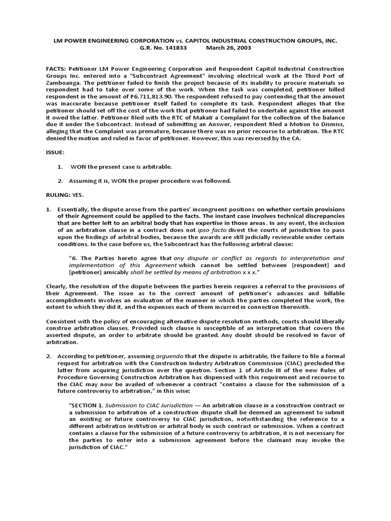 LM POWER ENGINEERING CORPORATION Vs CAPITOL INDUSTRIAL CONSTRUCTION ...