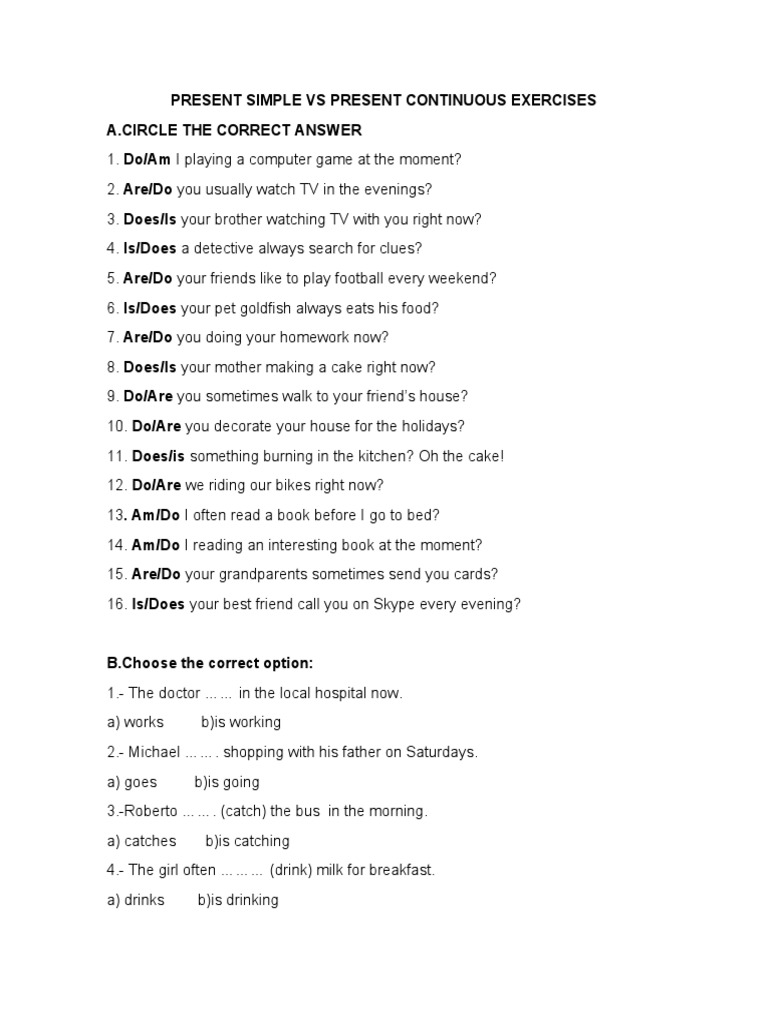 Present Simple VS Present Continuous Exercises | PDF