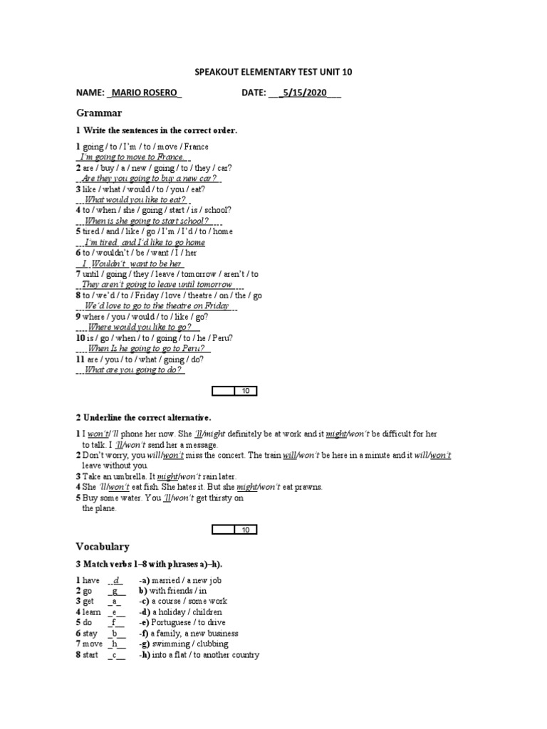 Speakout Elementary Unit 10 Test | PDF | Grammar | Linguistics