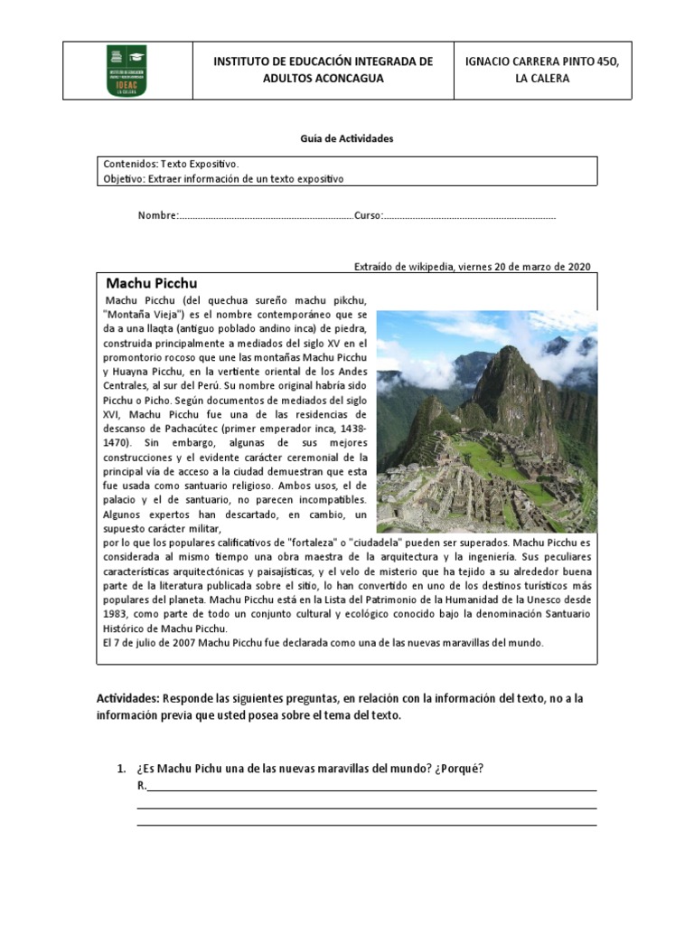 Comprension de Lectura - Machupichu | PDF | Machu Picchu