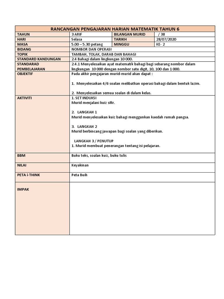 Rancangan Pengajaran Harian Matematik Tahun 6 | PDF