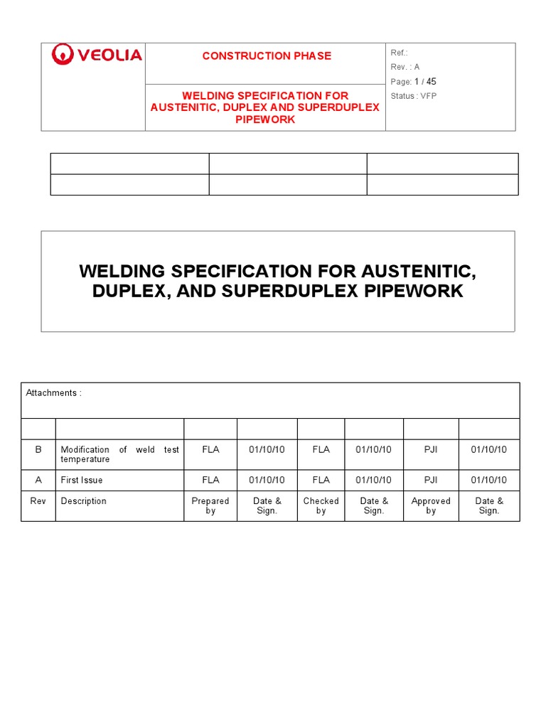 WELDING SPECIFICATION Rev B | PDF | Pipe (Fluid Conveyance) | Welding