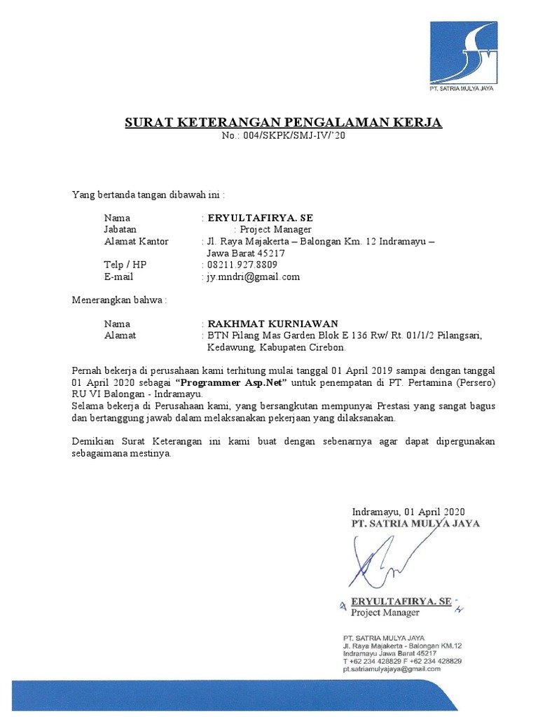Rachmat Surat Keterangan Pengalaman Kerja | PDF