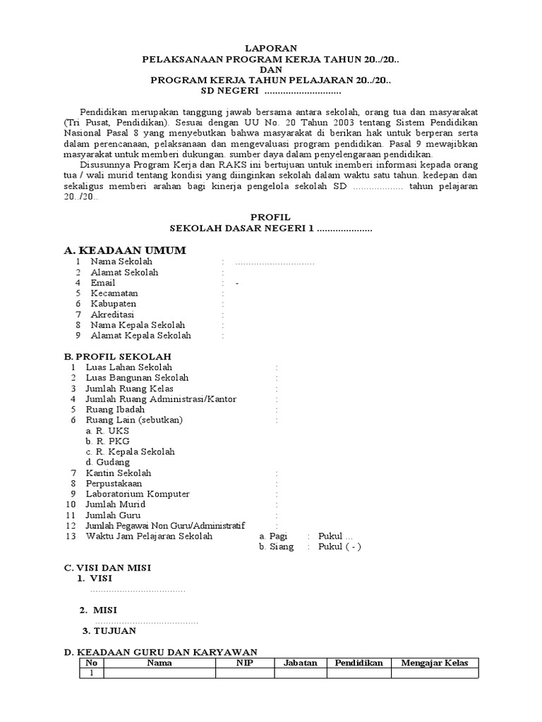 Contoh Progam Kerja Dan Laporan Program Kerja Tahunan Sekolah | PDF
