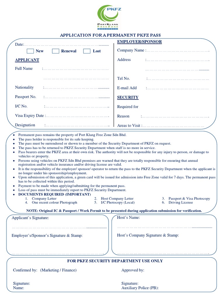 Application For A Permanent PKFZ Pass: Employer/Sponsor | PDF ...