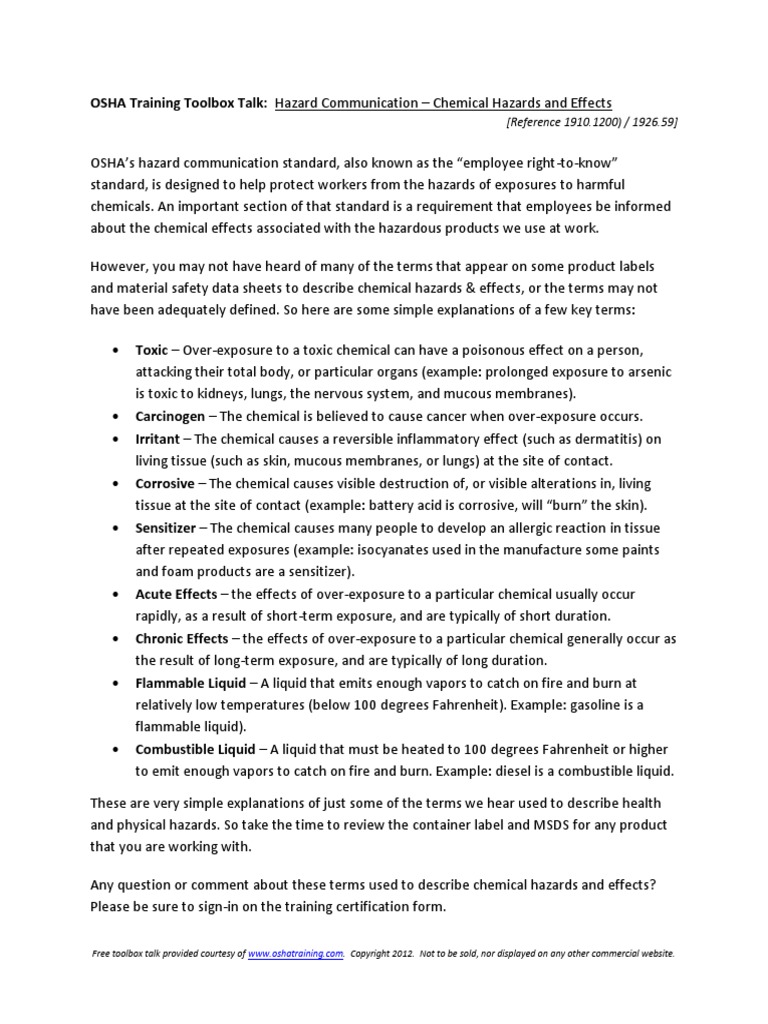 OSHA Training Toolbox Talk - Hazard Communication - Chemical Hazards ...