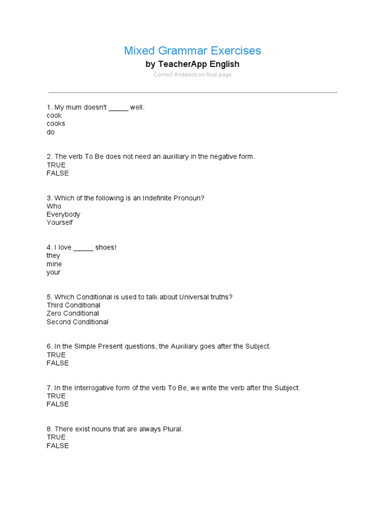 Mixed Grammar Exercises: by Teacherapp English | PDF