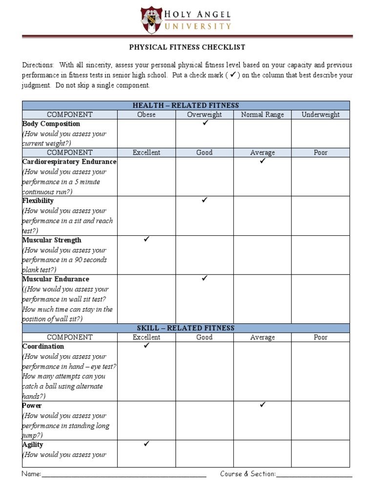Physical Fitness Checklist: Name: - Course & Section | PDF | Physical ...