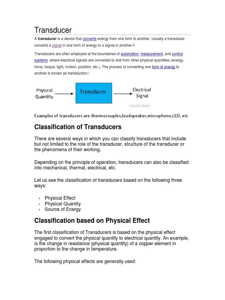 Transducer: Classification of Transducers | PDF | Physics | Electronics