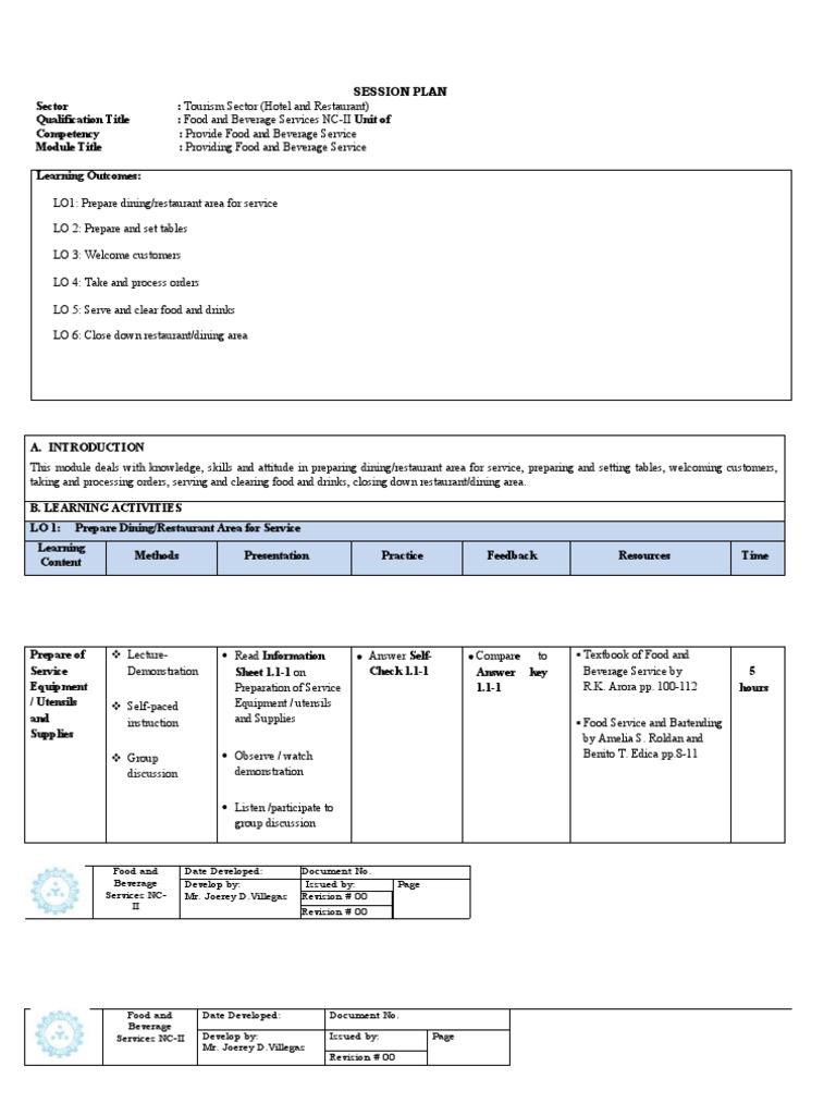 SESSION PLAN For FBS 2018 - 2019 | PDF | Restaurants | Lecture