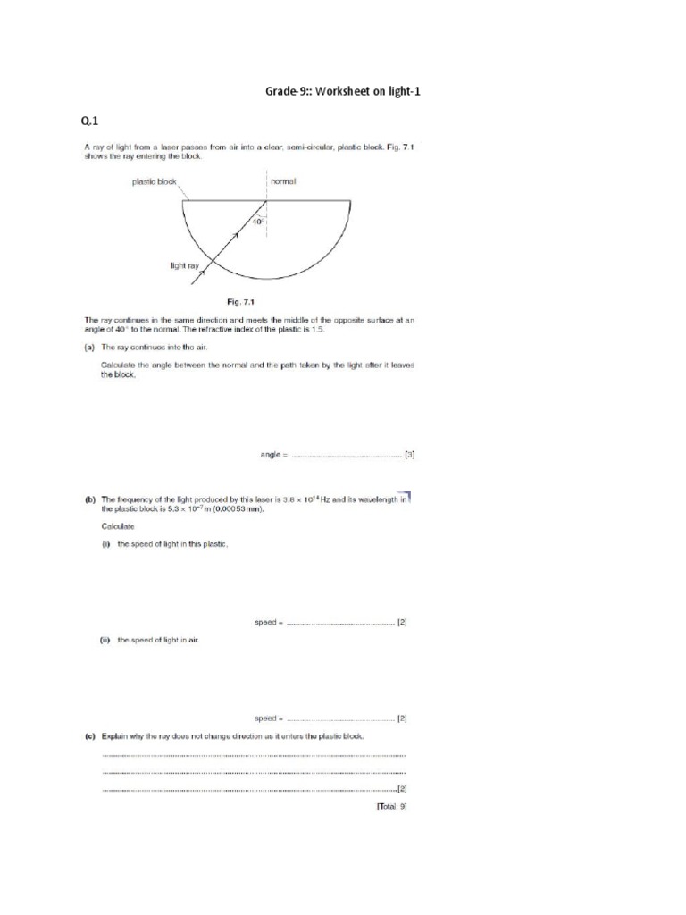 Grade-9:: Worksheet On Light-1 Q.1 | PDF