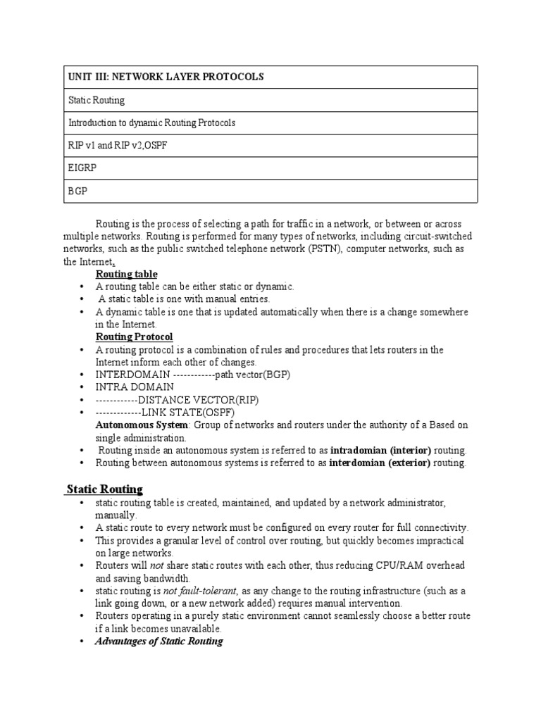 Static Routing Introduction To Dynamic Routing Protocols RIP v1 and RIP v2, OSPF Eigrp BGP | PDF ...