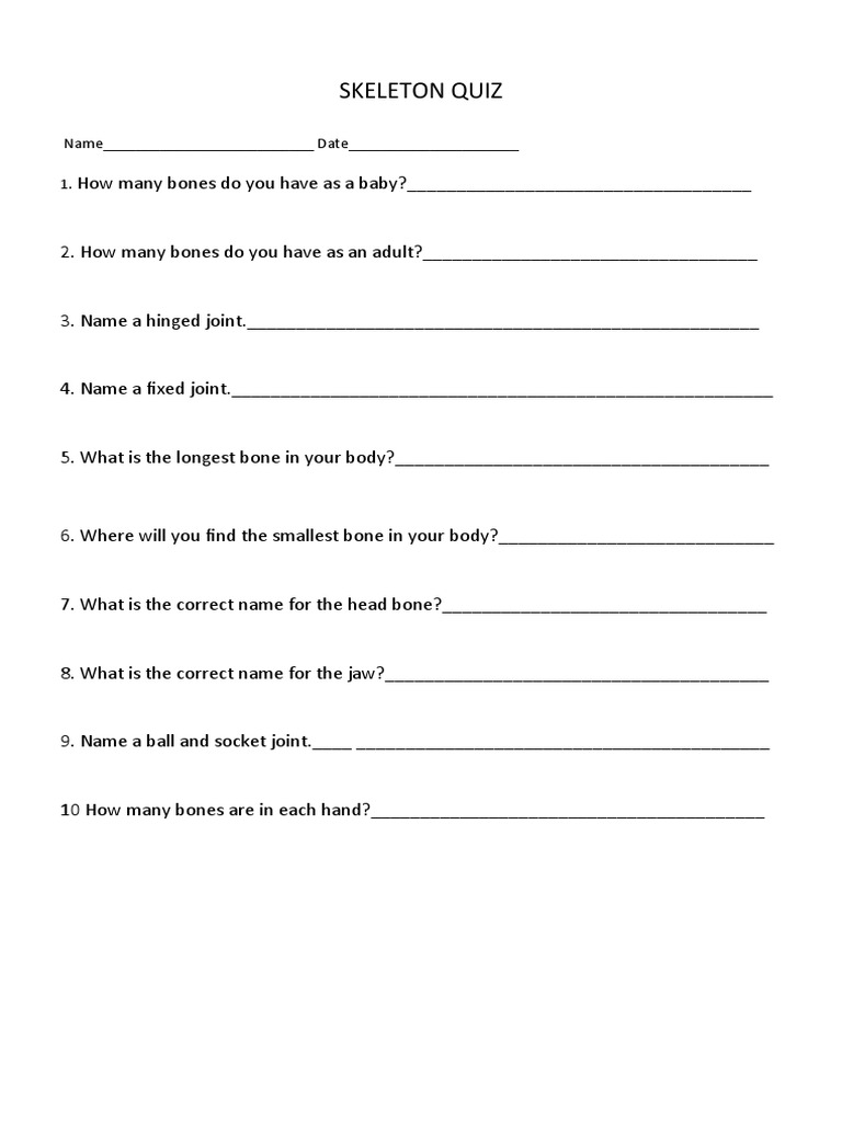 Skeleton and Body Quiz Questions | PDF