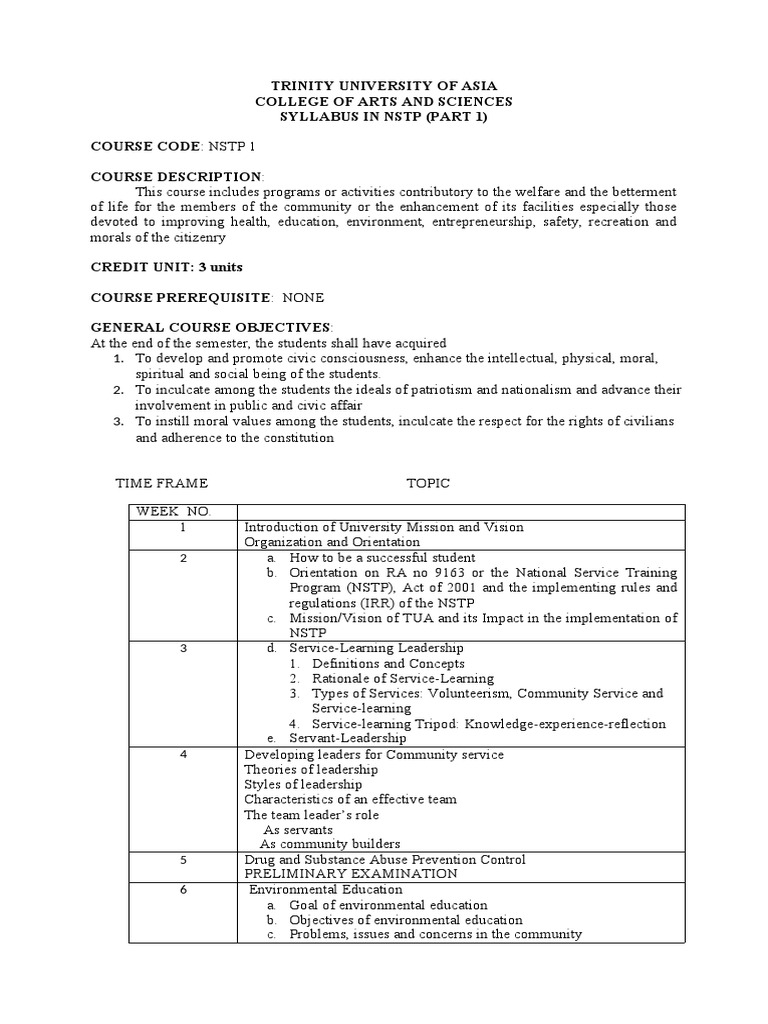 Trinity University of Asia College of Arts and Sciences Syllabus in ...
