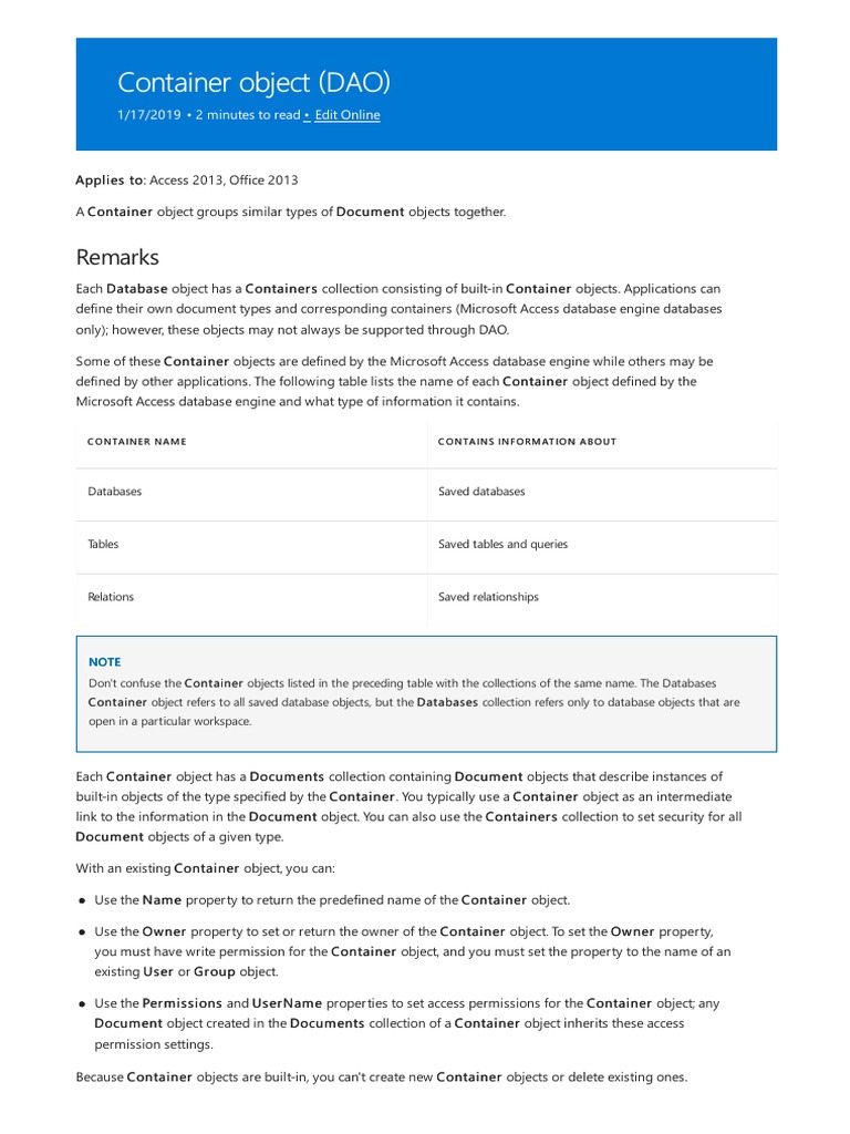 Container Object (DAO) : Remarks | PDF | Microsoft Access | Databases