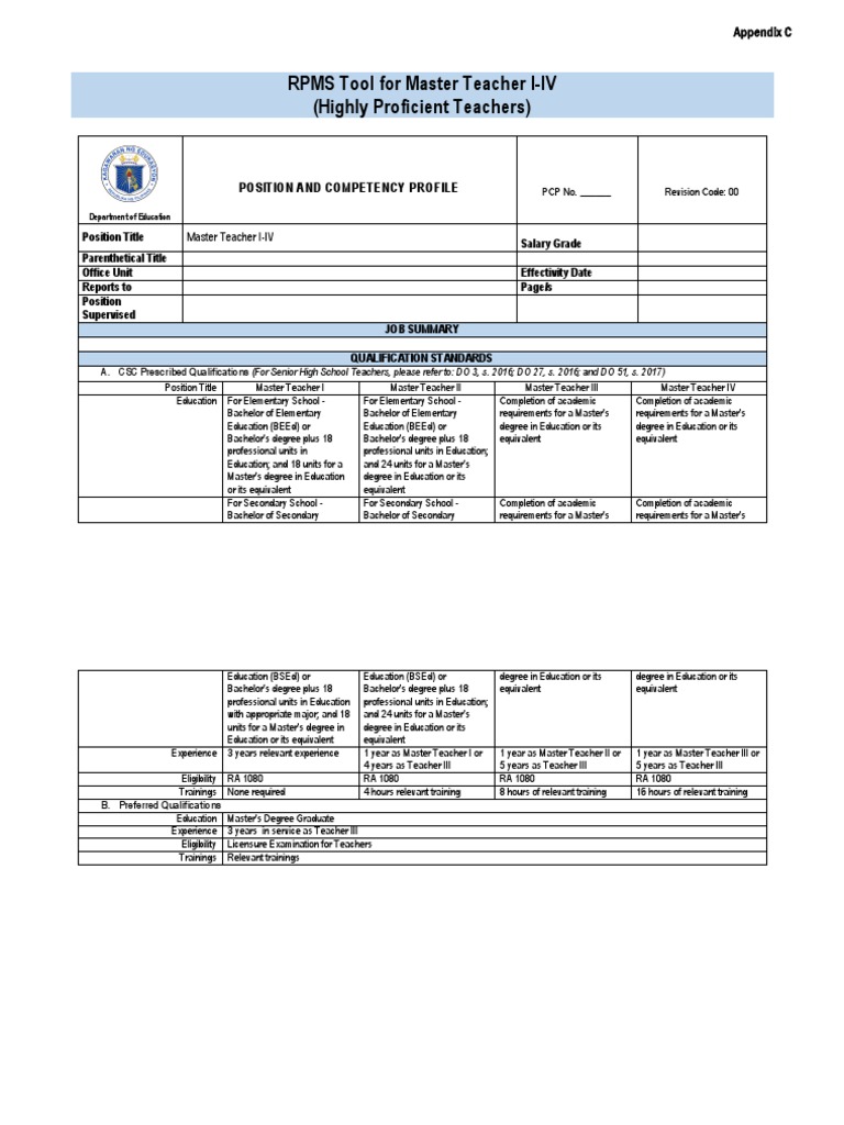 RPMS Tool For Master Teacher I-IV (Highly Proficient Teachers ...