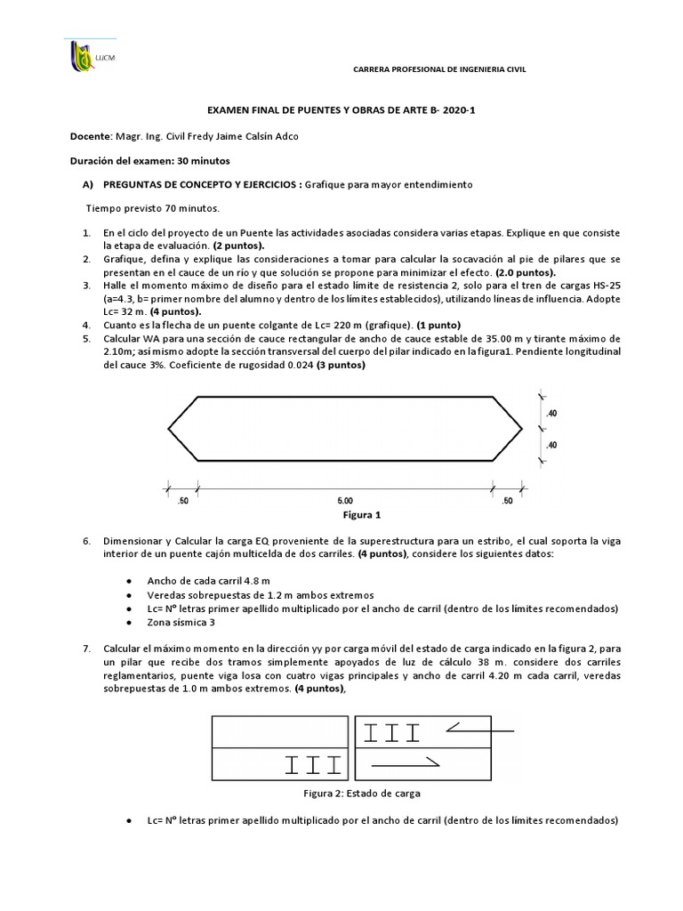 Examen Final Puentes y Obras de Arte 2020 | PDF | Ingeniero civil ...