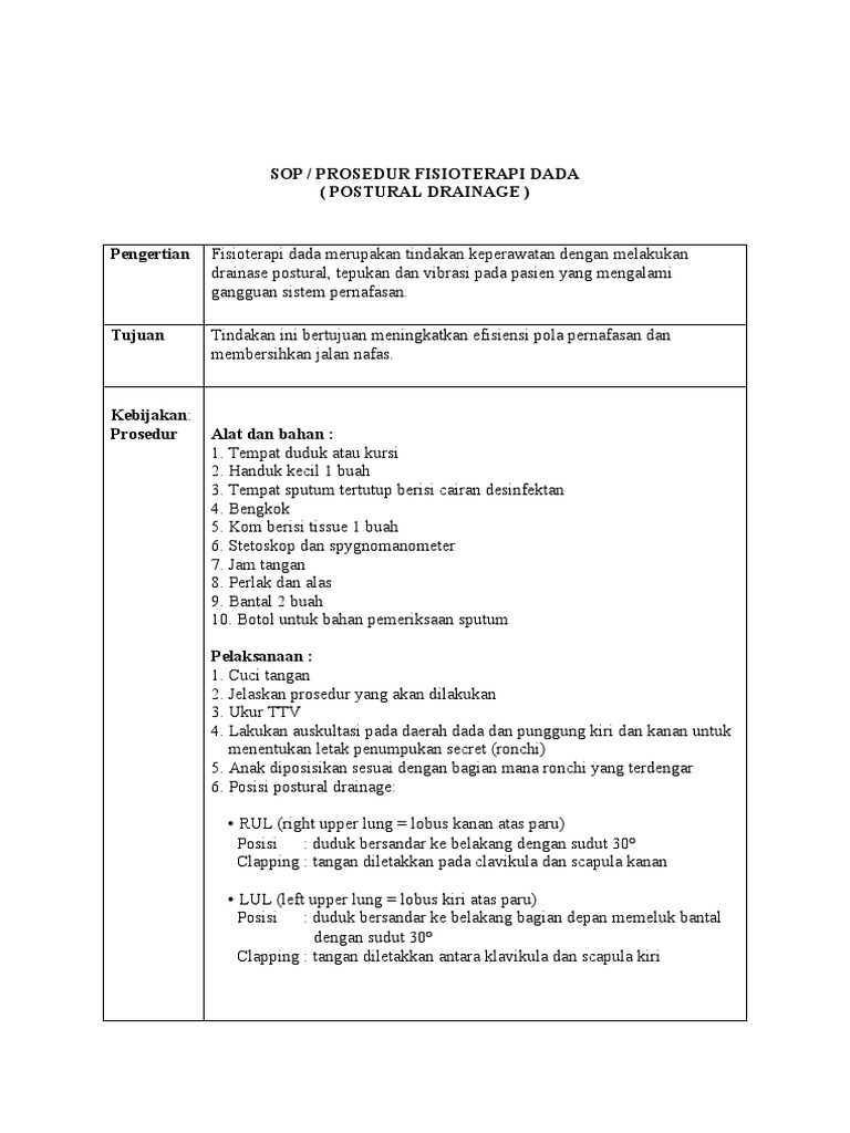 SOP Postural Drainase Fisioterapi Dada | PDF