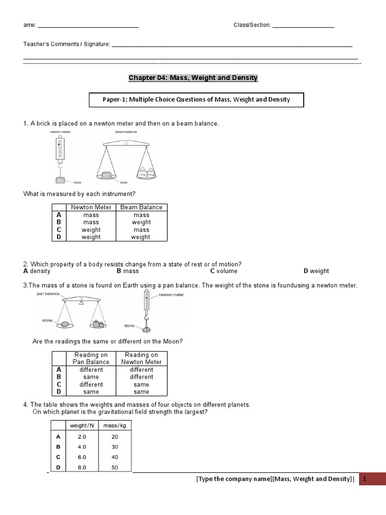 Physics Worksheet PDF | PDF | Weight | Mass