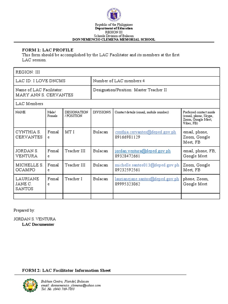 Form 1: Lac Profile: Republic of The Philippines Region Iii Schools ...